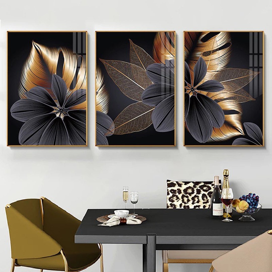 Black Gold Triptych Leaf Canvas - Etsy