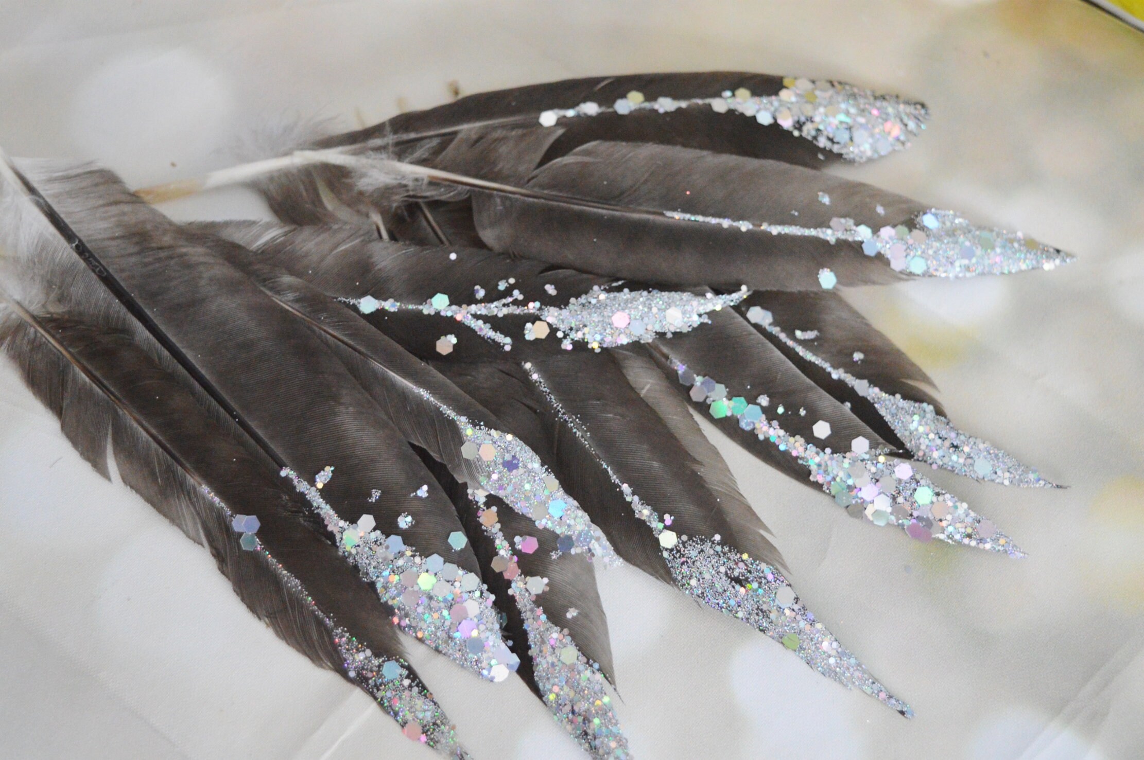 11 Long Feathers W/ Silver Glitter From Grey Cuckoo Hen for DIY ...
