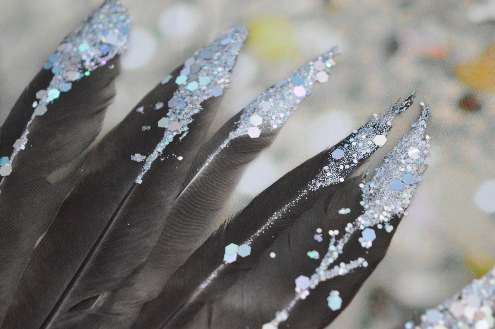 11 Long Feathers W/ Silver Glitter From Grey Cuckoo Hen for DIY ...