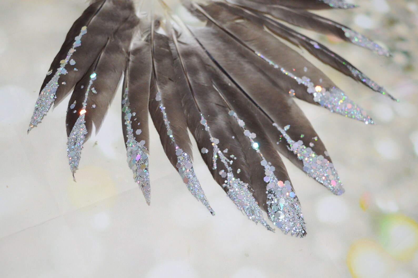 11 Long Feathers W/ Silver Glitter From Grey Cuckoo Hen for DIY ...