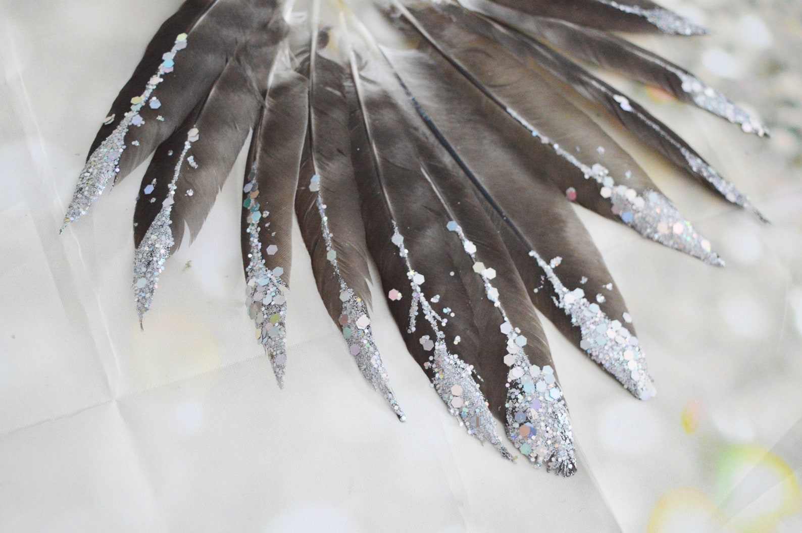 11 Long Feathers W/ Silver Glitter From Grey Cuckoo Hen for DIY ...