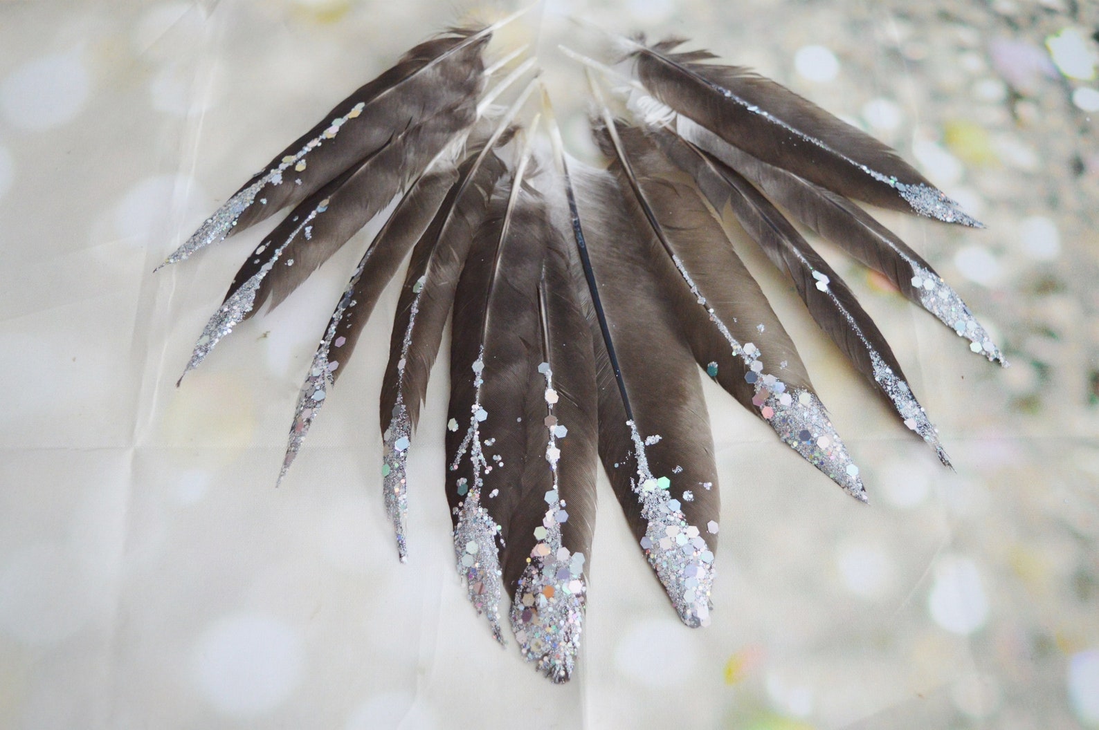 11 Long Feathers W/ Silver Glitter From Grey Cuckoo Hen for DIY ...