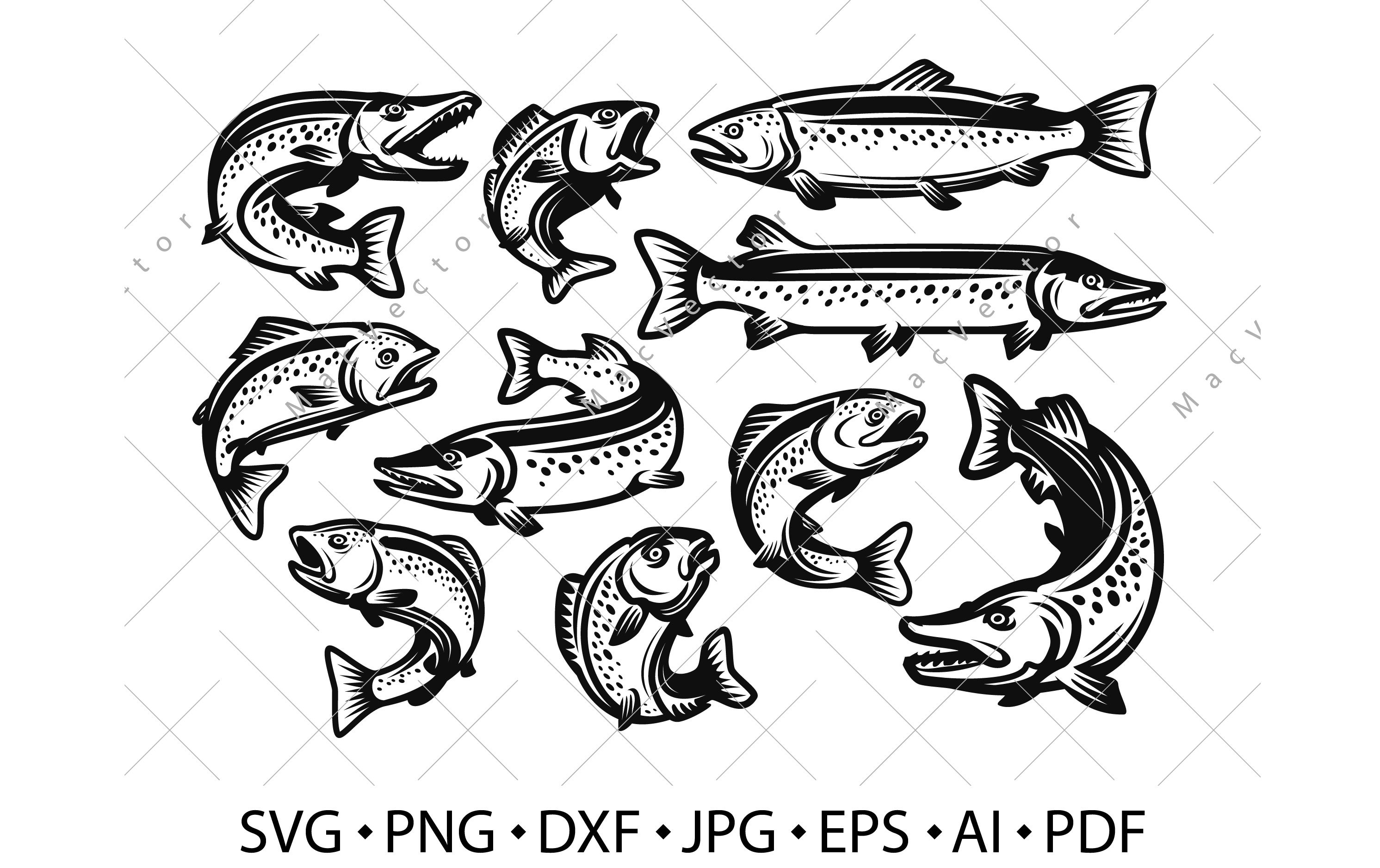 Fish Emblem SVG. Fish Fishing Concept. Fish Set Pike, Perch, Trout ...