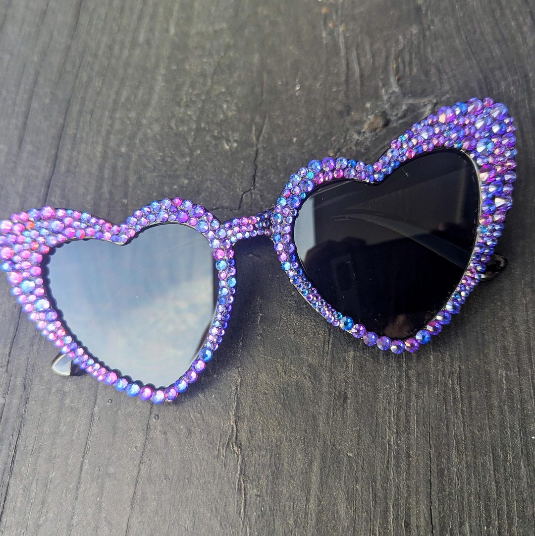 Purple Lagoon Heart Sparkle Sunglasses / Handmade Rhinestone Shades - Etsy