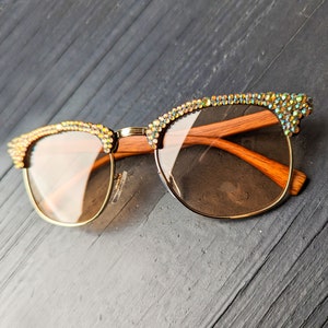 Gold Half Frame Square Sparkle Sunglasses / Handmade Rhinestone Shades ...