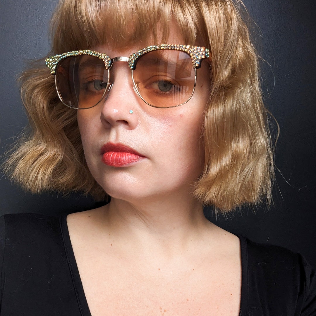 Gold Half Frame Square Sparkle Sunglasses / Handmade Rhinestone Shades ...