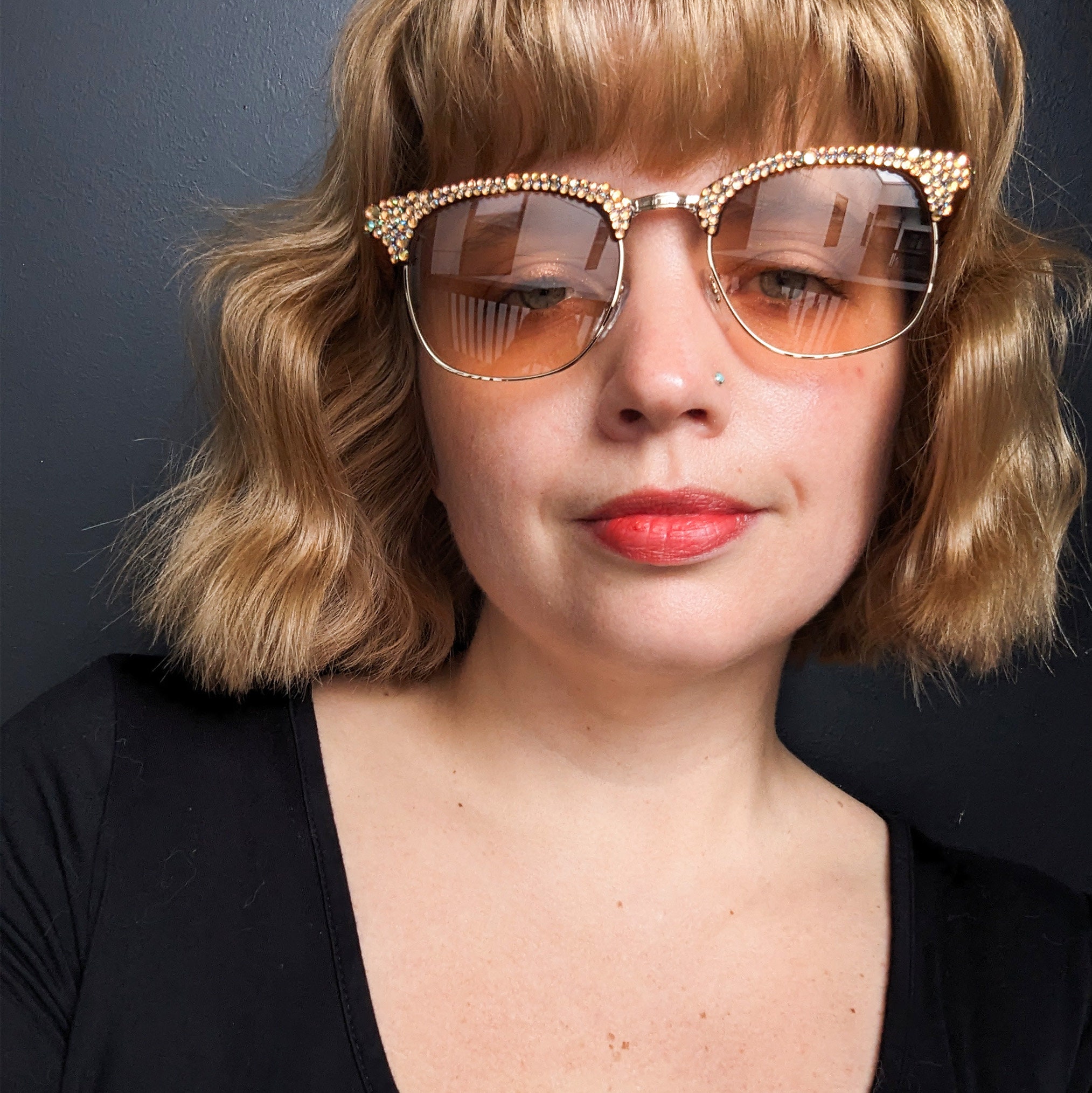 Gold Half Frame Square Sparkle Sunglasses / Handmade Rhinestone Shades ...