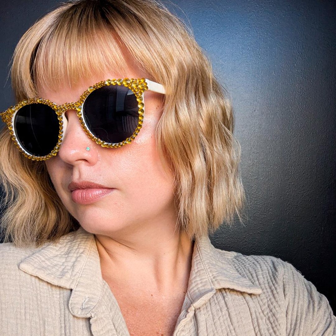 Golden Round Sparkle Sunglasses / Handmade Rhinestones Shades - Etsy