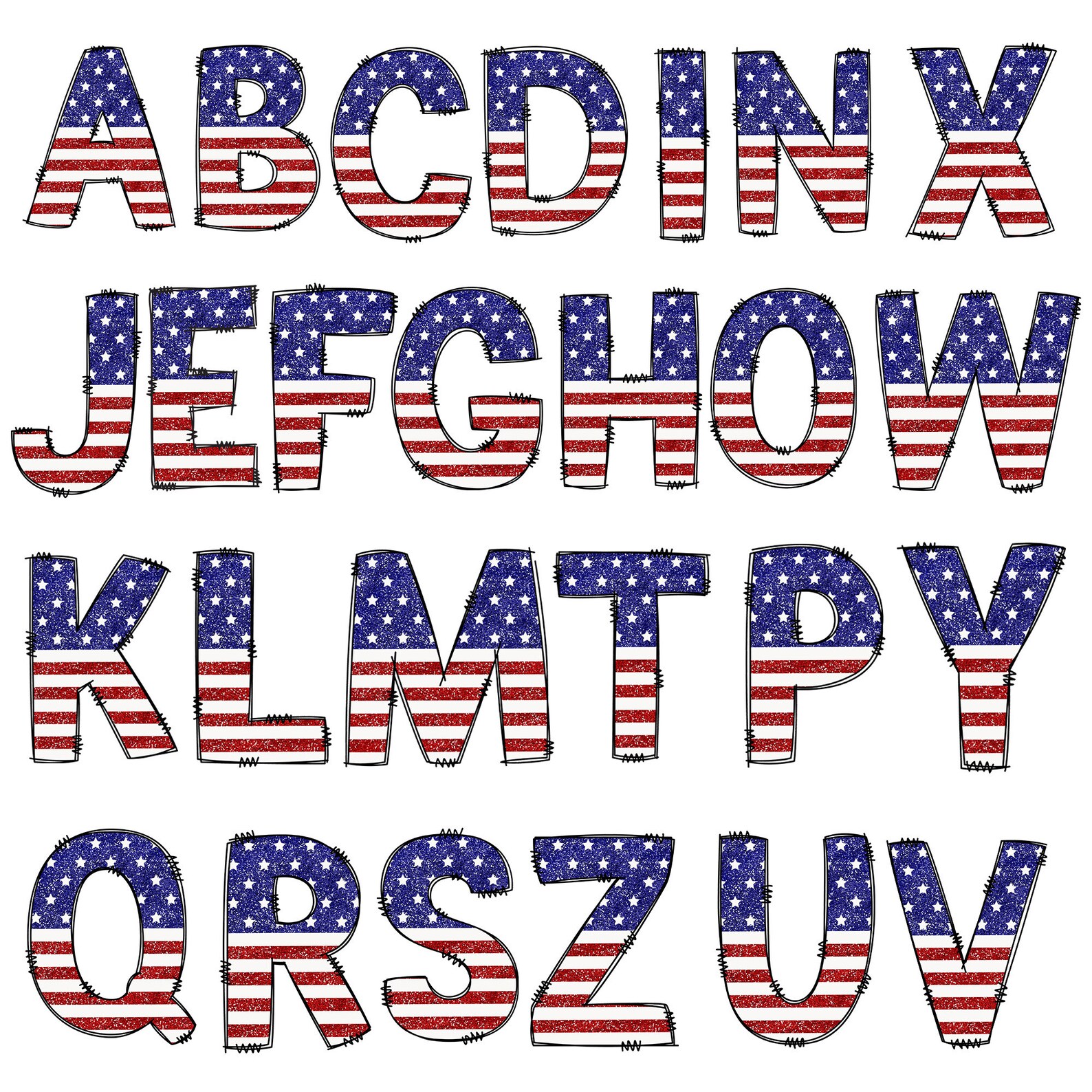 Glitter American Flag Doodle Font USA Alphabet Letters PNG - Etsy