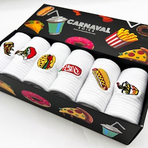 6 Pairs Fast Food Embroidered Crew Socks, Hamburger, Hot Dog, Pizza ...
