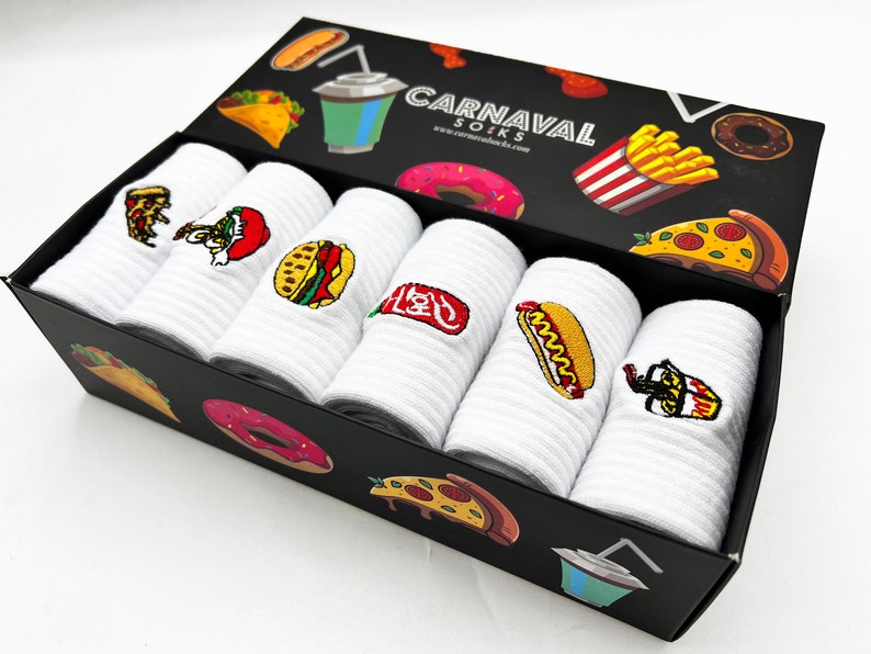6 Pairs Fast Food Embroidered Crew Socks, Hamburger, Hot Dog, Pizza ...