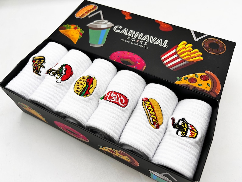 6 Pairs Fast Food Embroidered Crew Socks, Hamburger, Hot Dog, Pizza ...