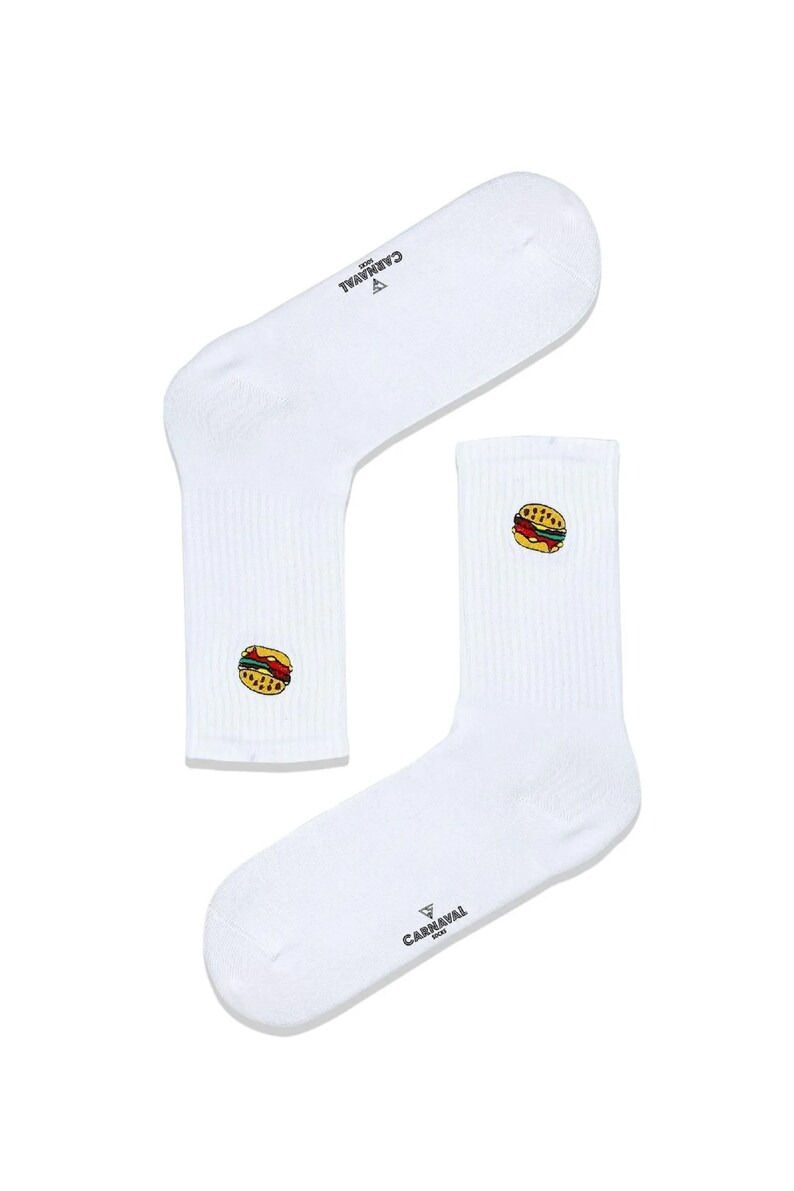 6 Pairs Fast Food Embroidered Crew Socks, Hamburger, Hot Dog, Pizza ...