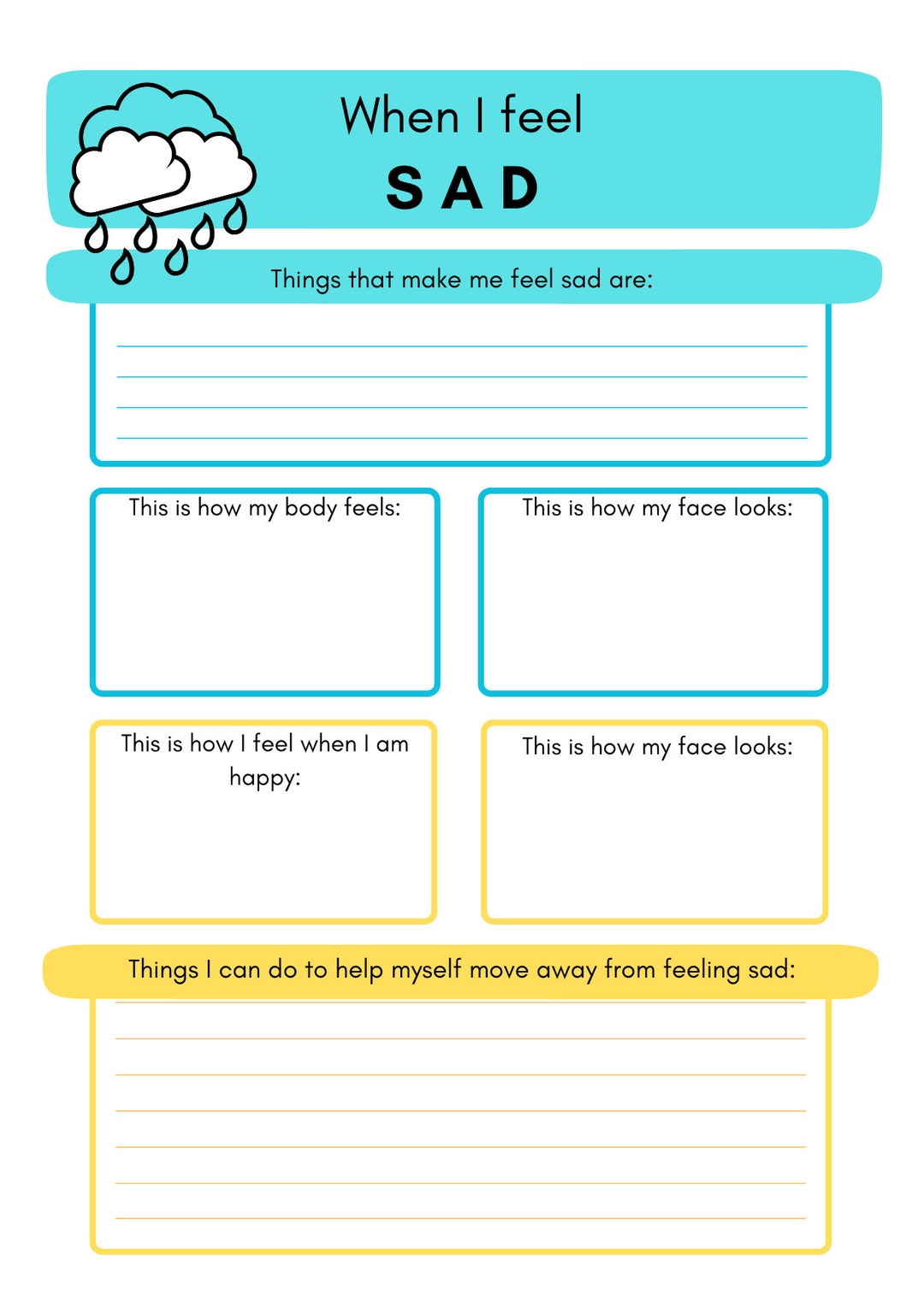 Emotional Awareness Sadness Worksheet - Etsy