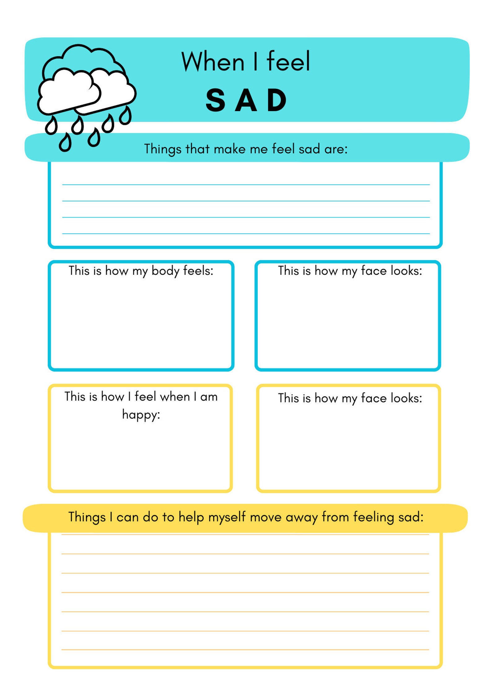 Emotional Awareness Sadness Worksheet - Etsy