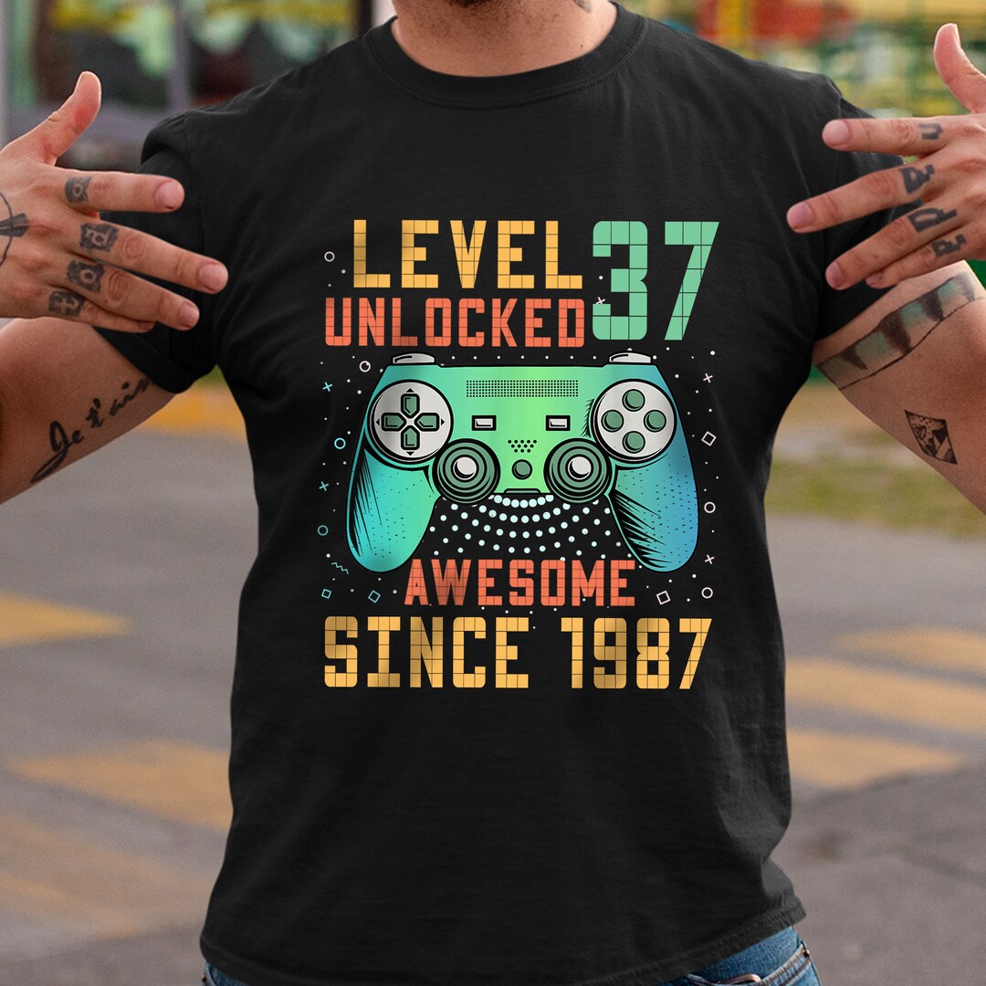 Funny 37th Birthday Man Gamer Shirt, Level 37 Unlocked Awesome Since ...