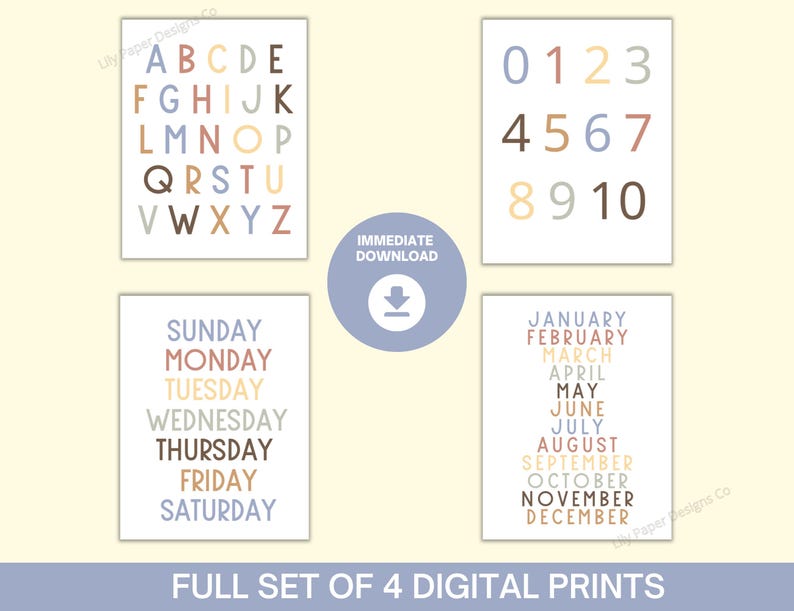 Kids Learning Wall Art: Alphabet, Numbers, Days, Months (digital ...