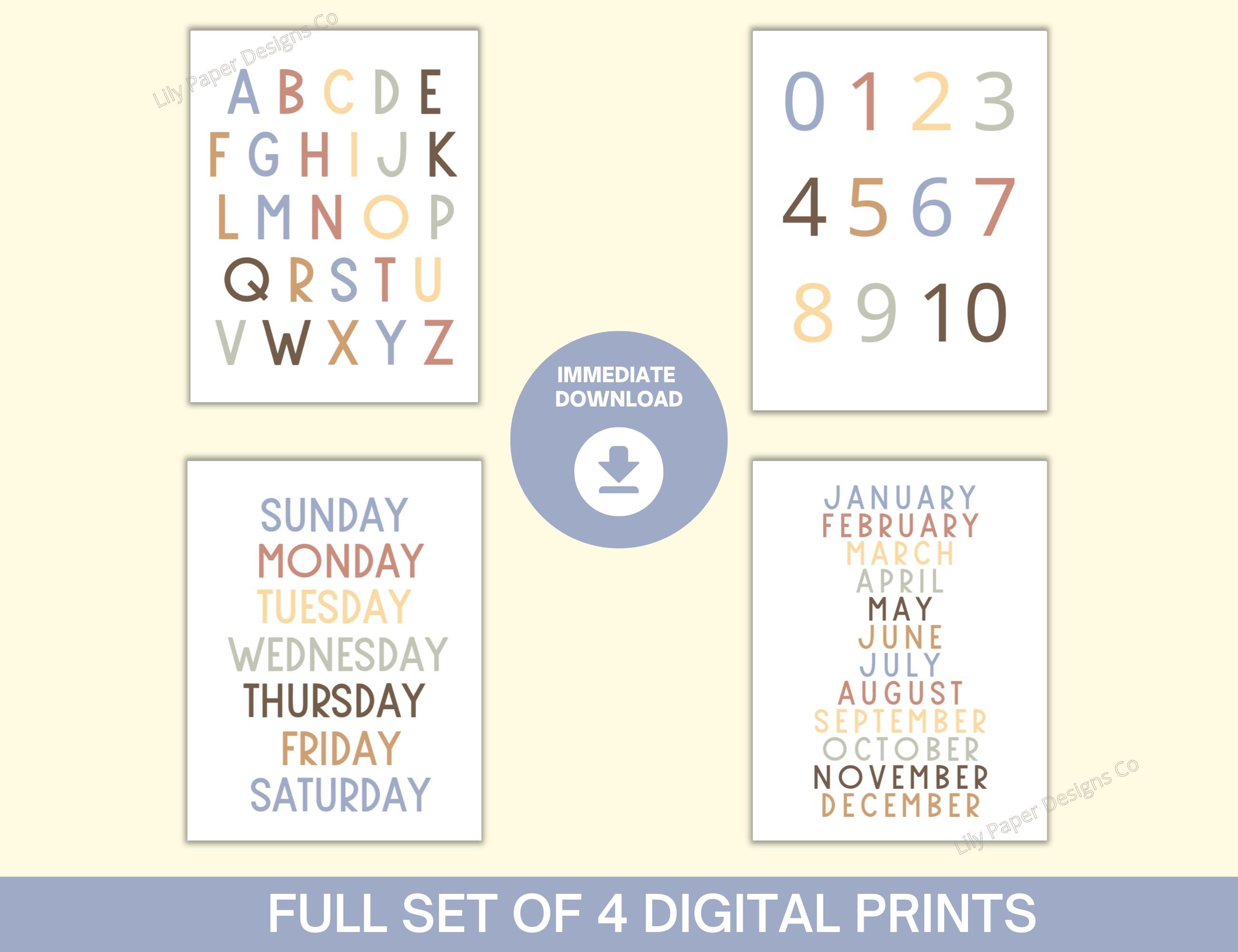 Kids Learning Wall Art: Alphabet, Numbers, Days, Months (digital ...