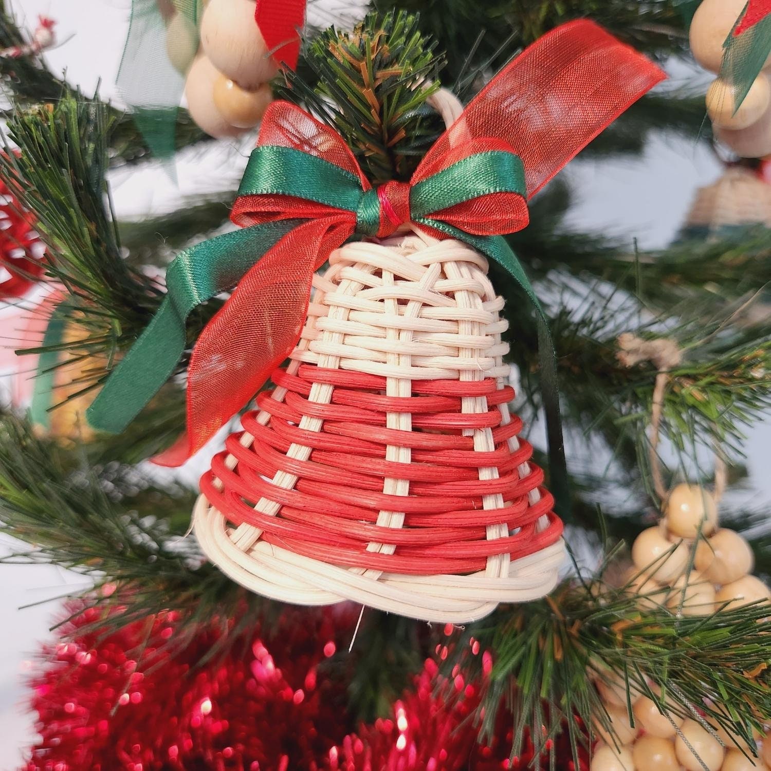 Set of 3 Red Rattan Christmas Tree Ornament, Christmas Bell, Rattan ...