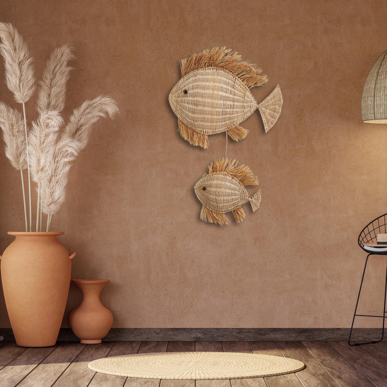 Handwoven Rattan Wall Fish Decor | Coastal Boho Wall Hanging | Natural ...