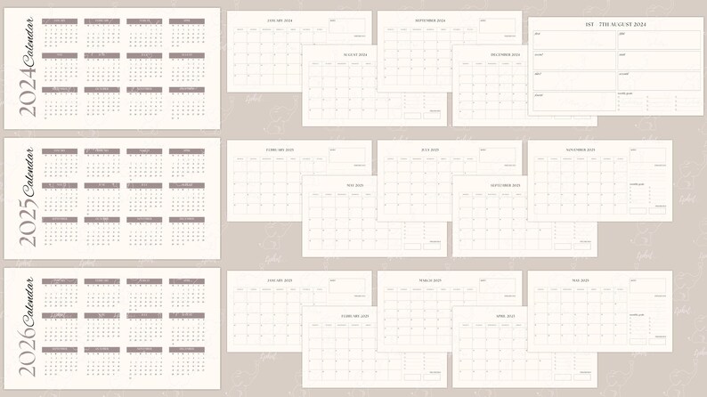 Beige Printable Organisers Calendar 2024 2025 2026 - Weekly - Monthly ...