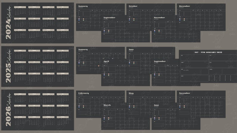 Beige Printable Organisers Calendar 2024 2025 2026 - Weekly - Monthly ...