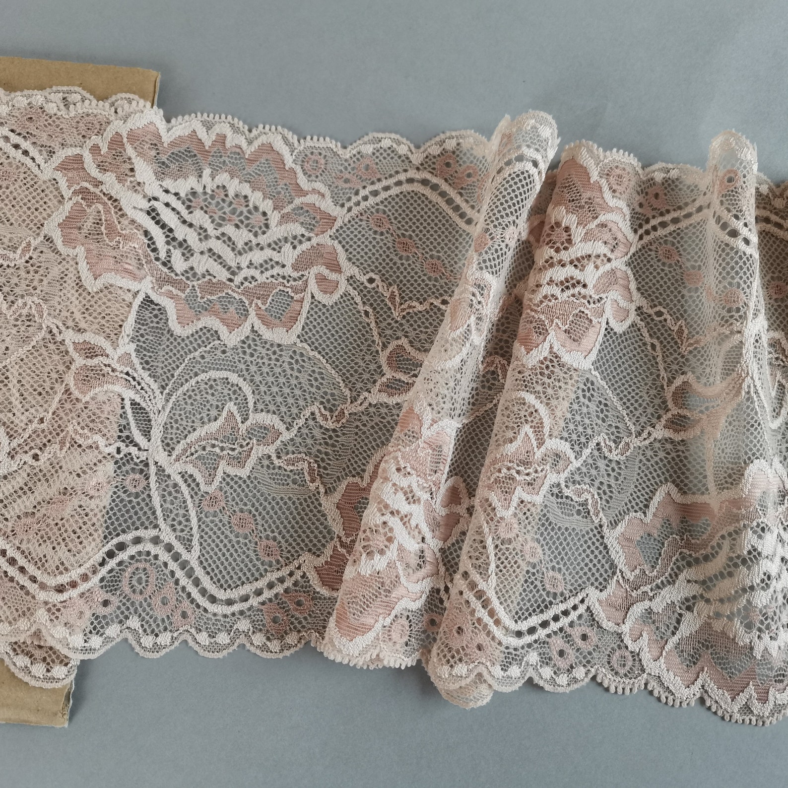 Beige Stretch Lace Trim Elastic Double Edge Galloon Lace 16.5 Cm / 6 1/ ...