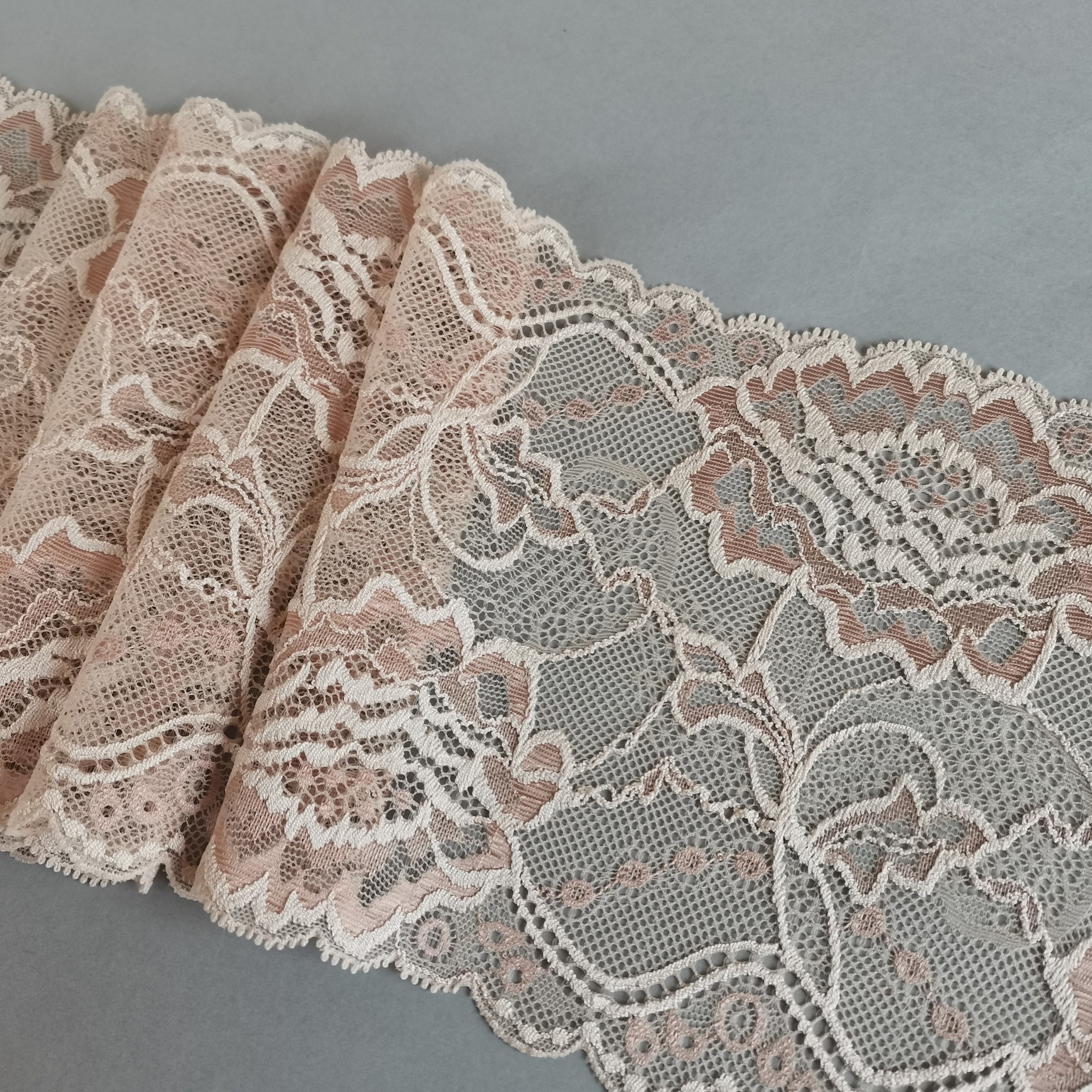Beige Stretch Lace Trim Elastic Double Edge Galloon Lace 16.5 Cm / 6 1/ ...