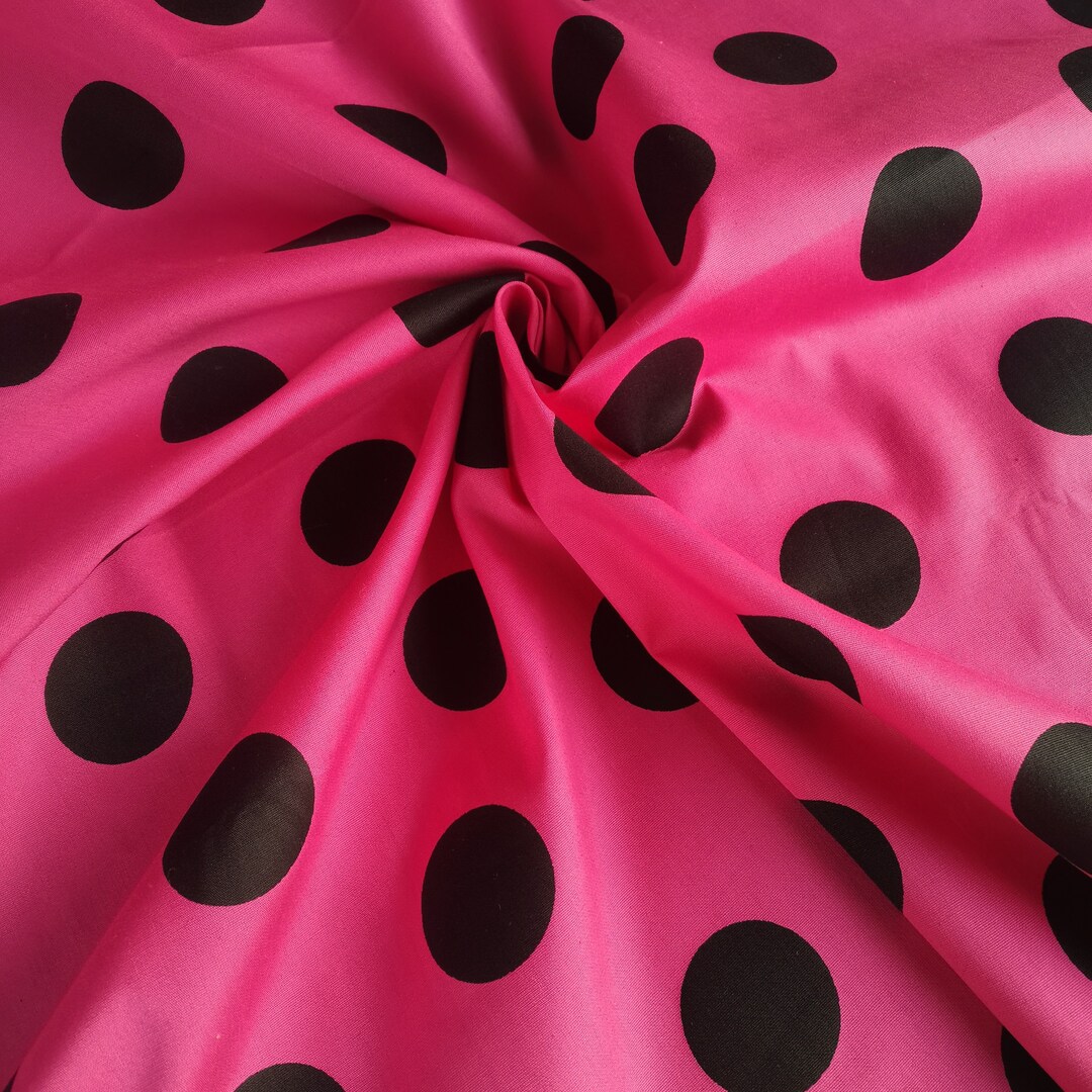 Vintage Polka Dot Cotton Fabric 3.2 Yards Pink Black Ladybug Big Polka Dot Retro Dress Making ...
