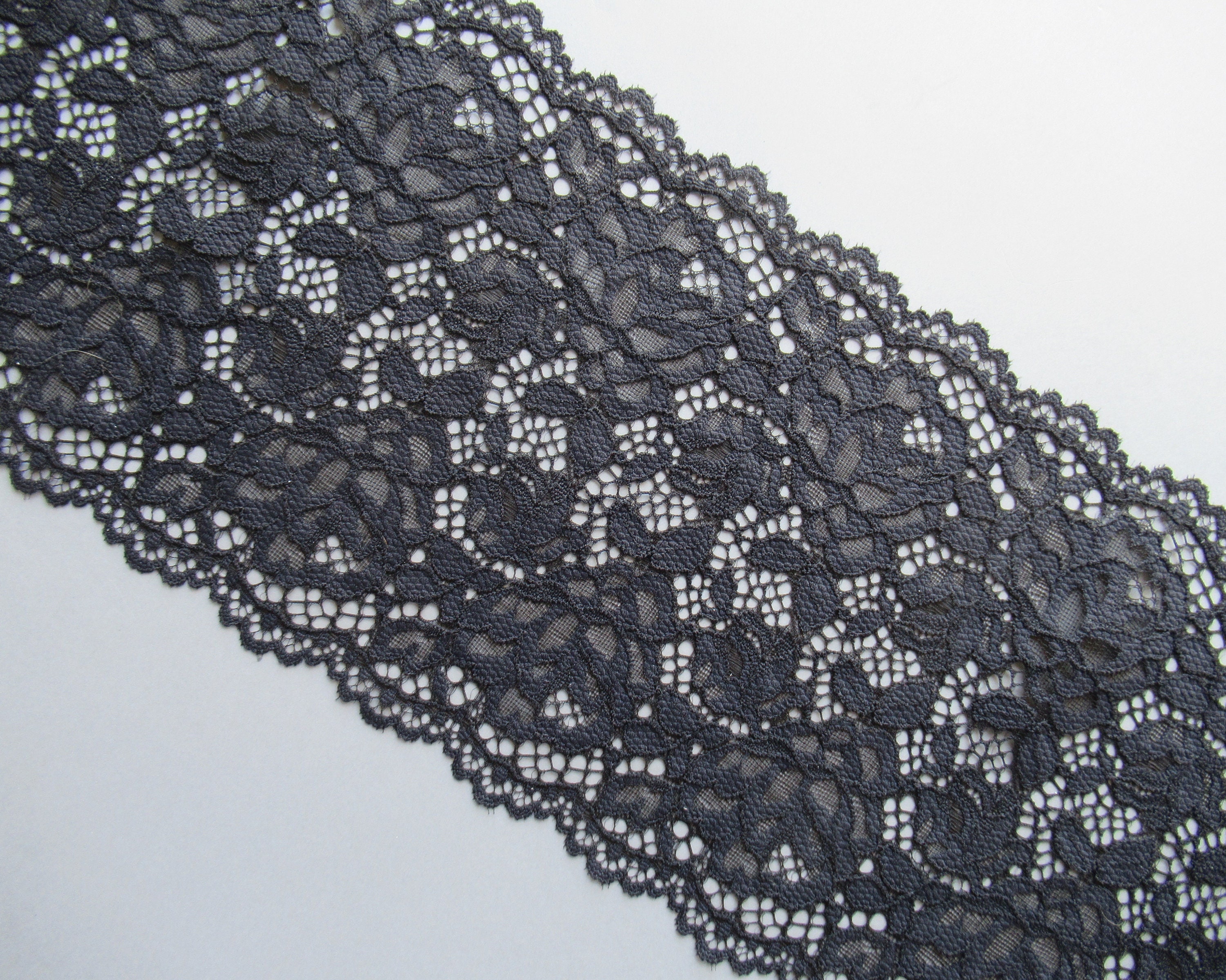 Black Stretch Lace Trim Double Edge Galloon Lace 19 Cm / 7 1/2 Floral ...