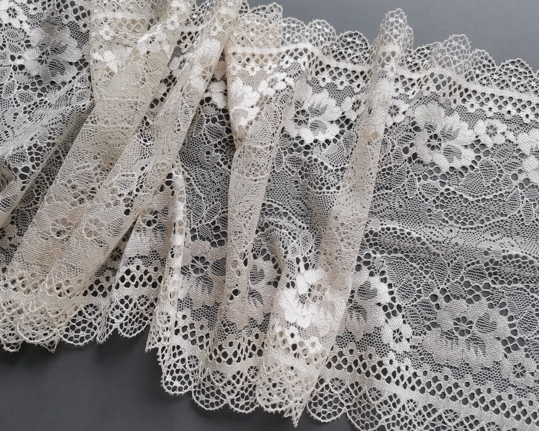 Cream Stretch Lace Trim Floral Double Edge Elastic Lace 21.5 Cm / 8 1/2 ...