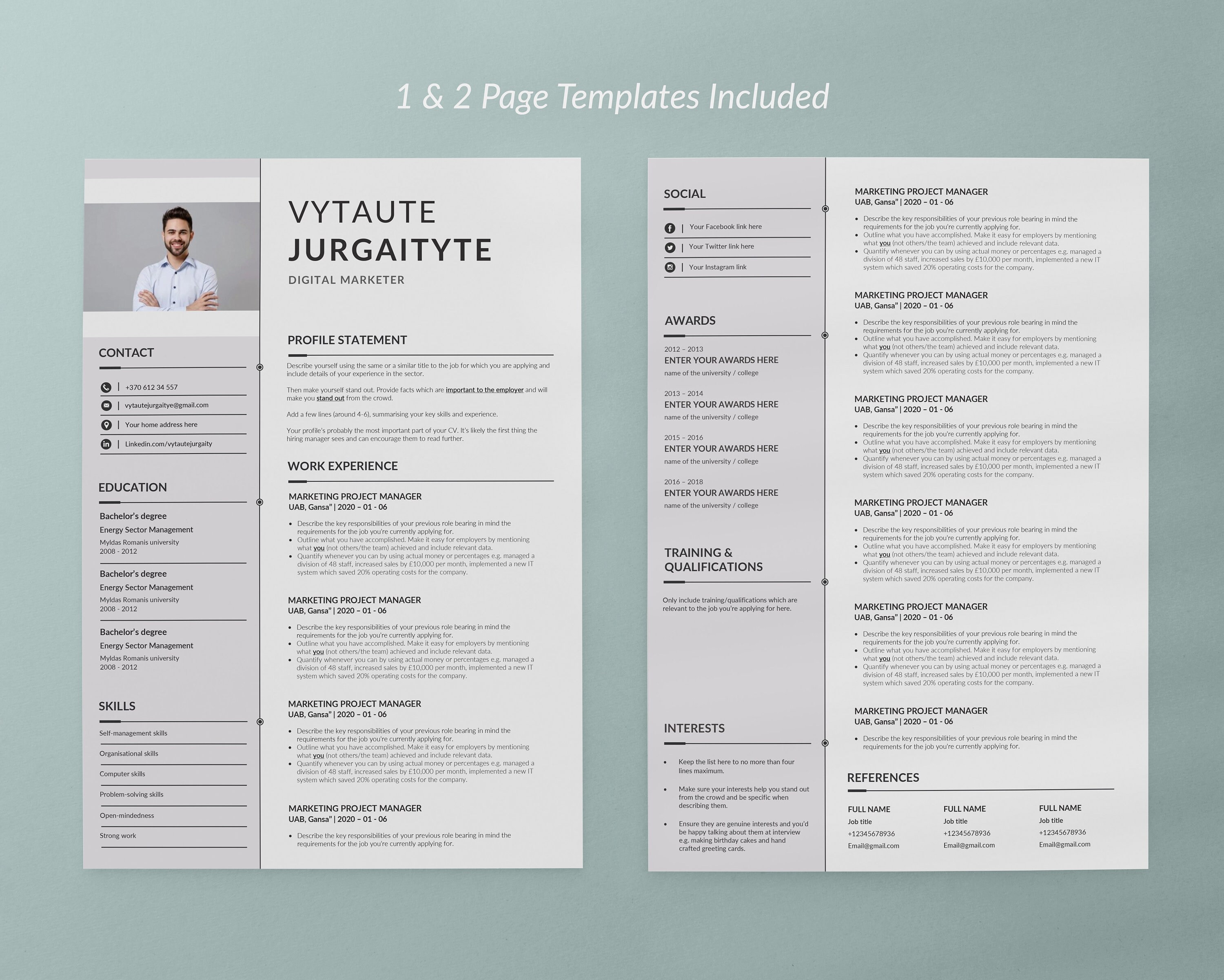 Resume Template Men, Two Page Resume, Resume Template Word and Pages ...