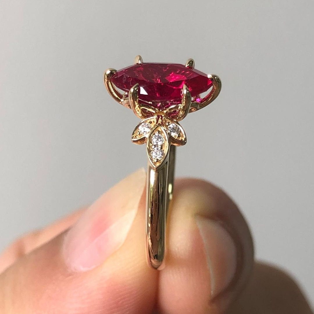 14K Gold Ring Lab Create Marquise Cut Engagement Ring Red Ruby Cut Ring ...