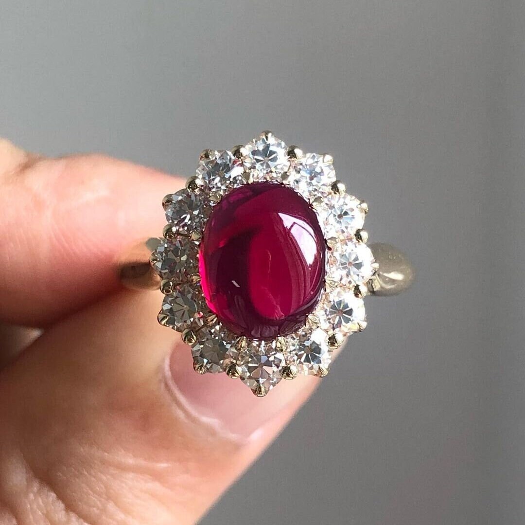 14K Gold Ring Lab Create Oval Cut Engagement Ring Red Ruby Ring Halo ...