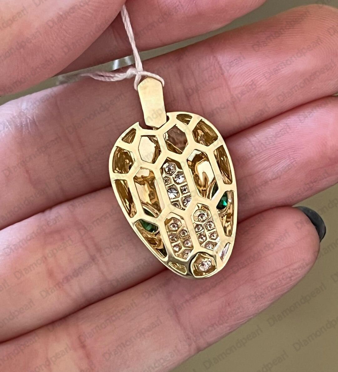 Yellow Gold Snake Head Pendant, Snake Mouth Pendant, Moissanite Diamond ...