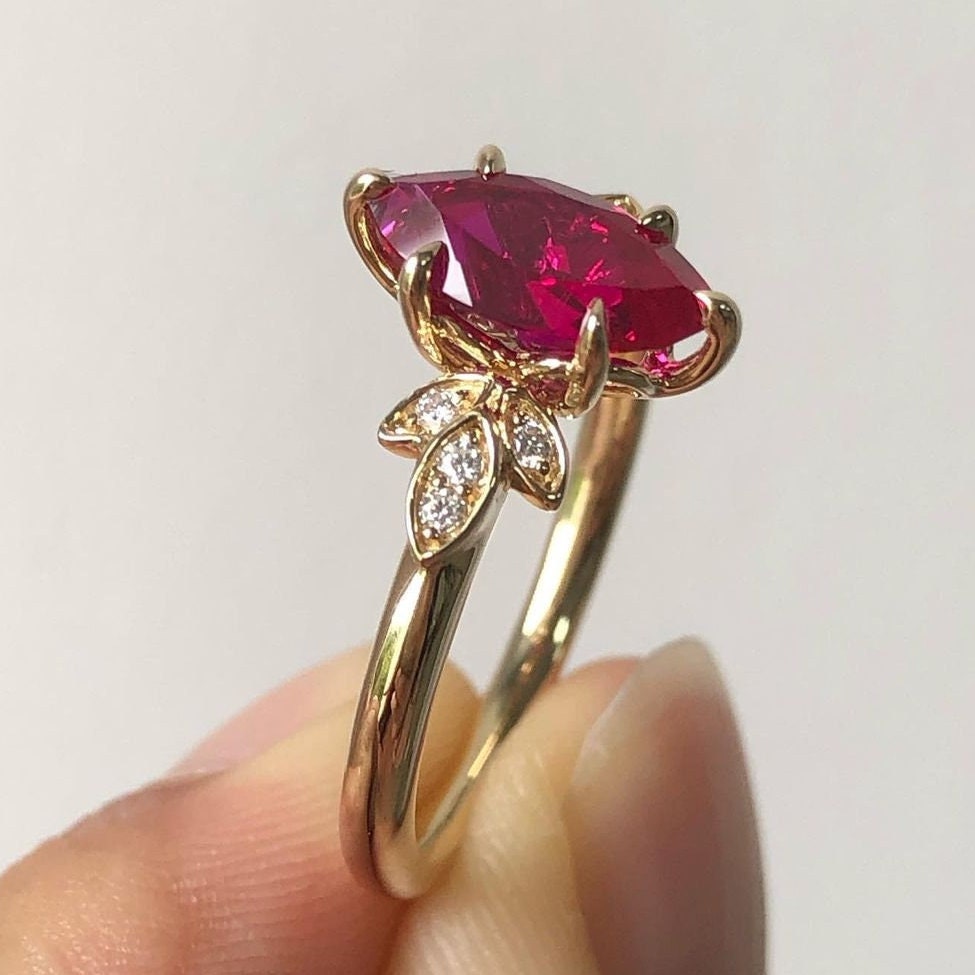 14K Gold Ring Lab Create Marquise Cut Engagement Ring Red Ruby Cut Ring ...