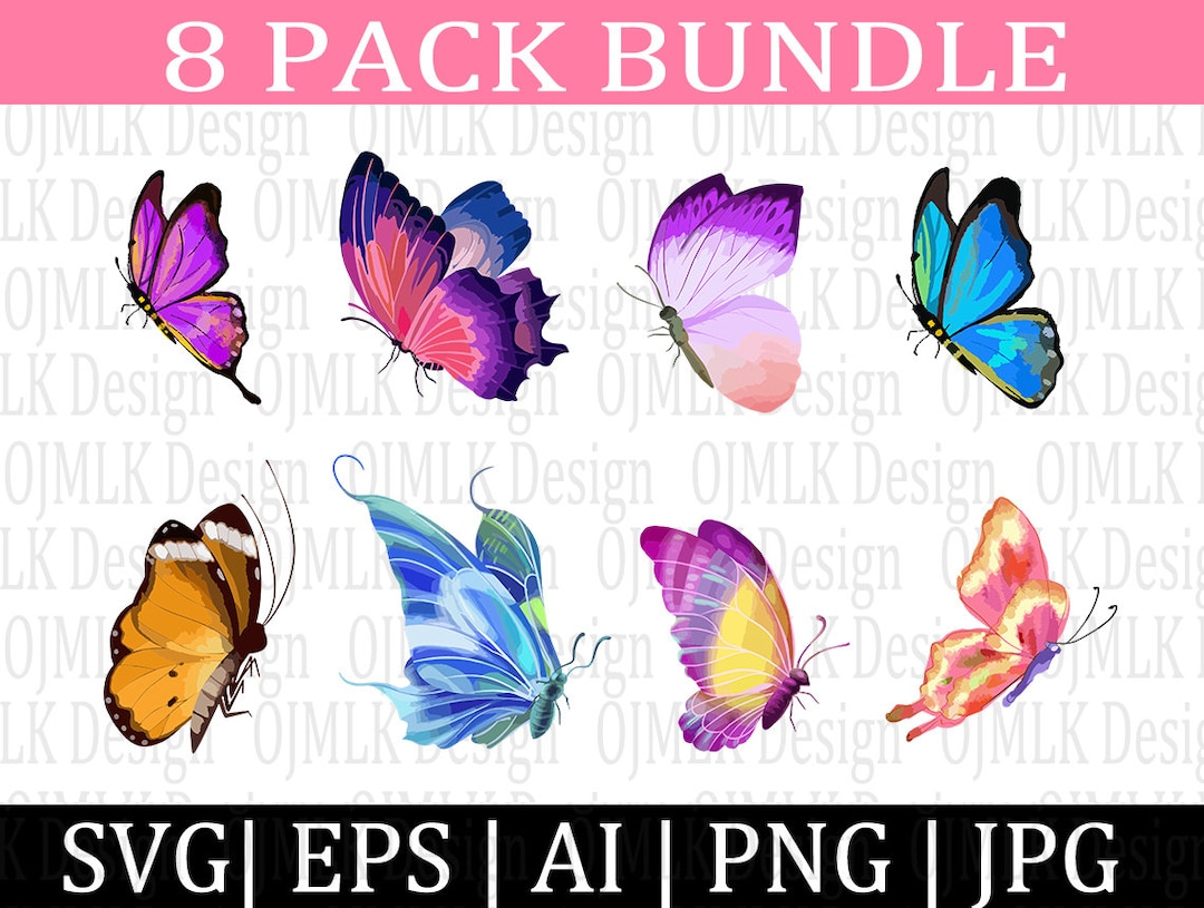 8 Pack Butterfly SVG, Butterfly Silhouette, Colorful Butterfly Clipart ...
