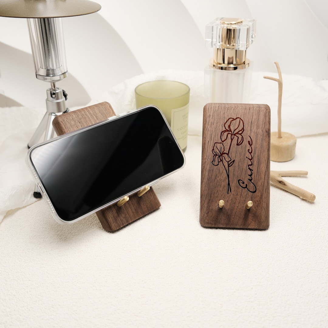 Personalized Solid Wood Phone Stand With Birth Flower, Handmade Walnut ...