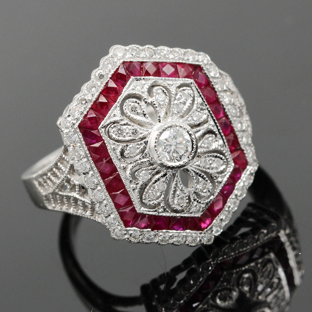 Art Deco 18ct White Gold Calibre Cut Ruby and Diamond Ring - Etsy