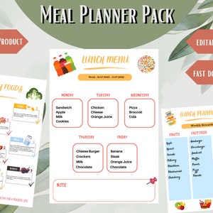 School Lunch Meal Planner Printable | Food Diary | Meal Planner ...