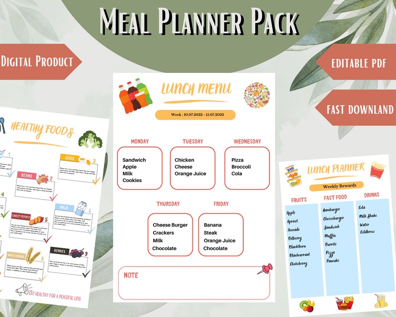 School Lunch Meal Planner Printable | Food Diary | Meal Planner ...
