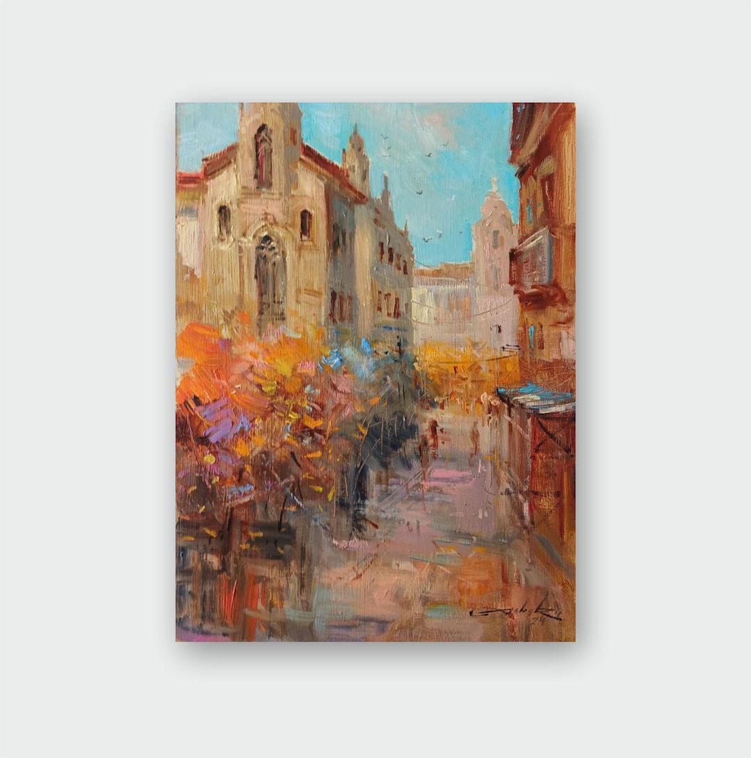 Cityscape Art Oil Painting Original Town Architecture Autumn Colors ...