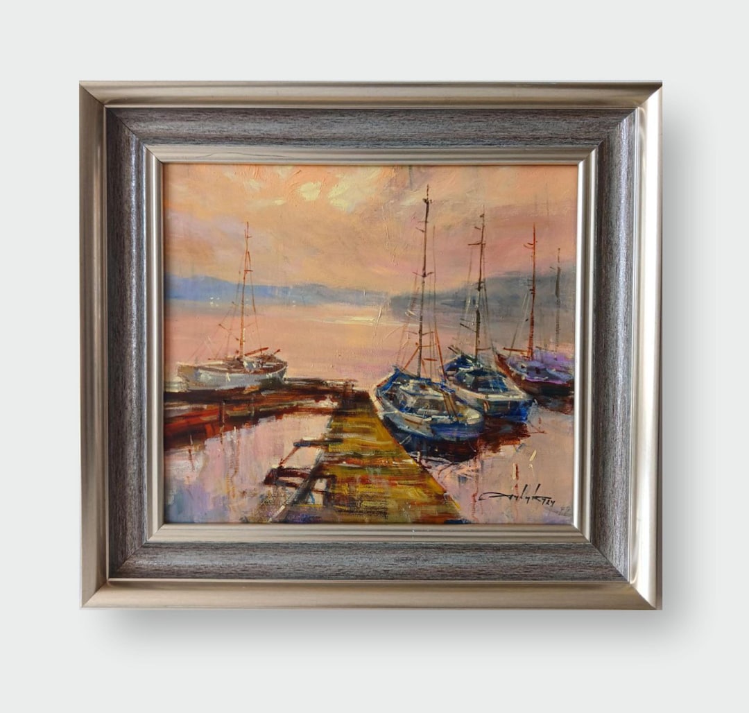 Boats Original Oil Painting Boat on the Lake River Reservoir Expressive ...