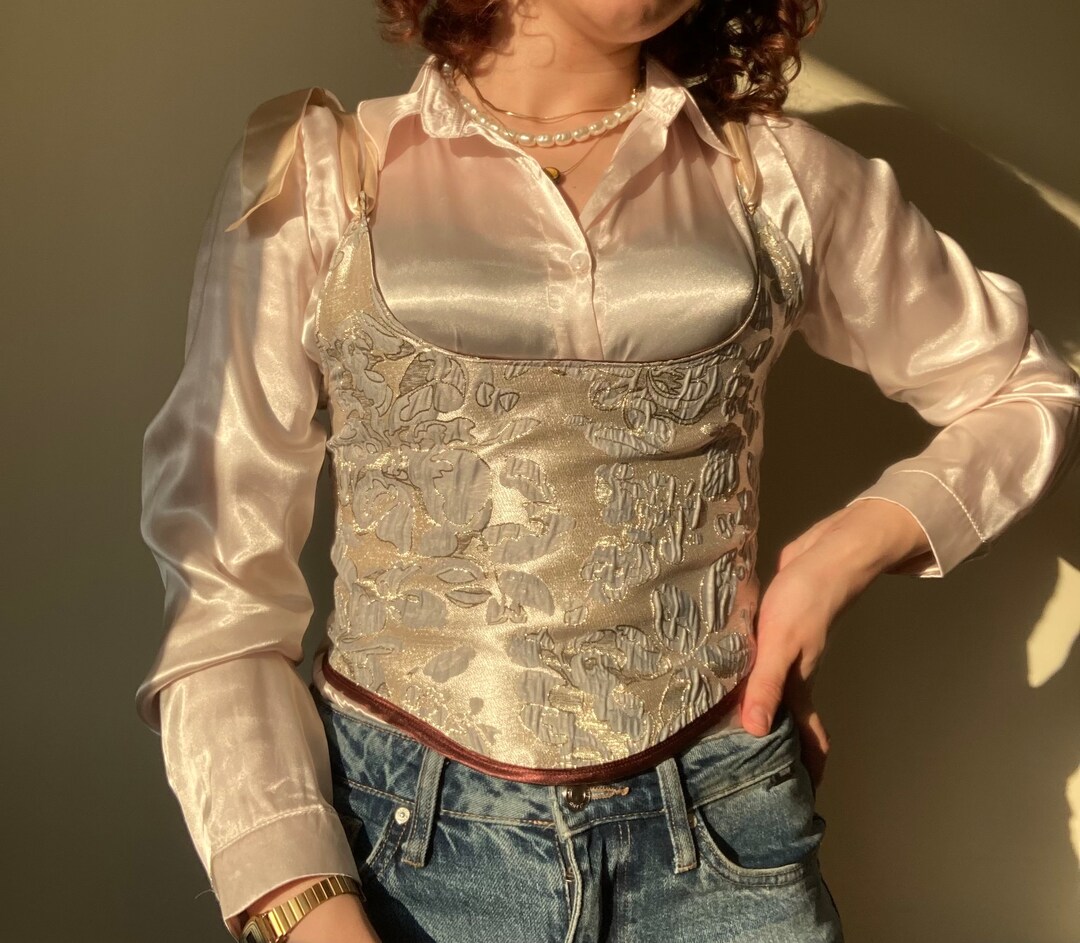 Cream Gold Floral Overbust Bustier Handmade, Vintage Corset Top With ...
