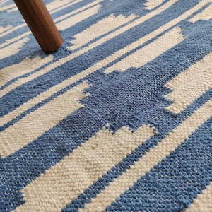 Cotton Wool Blue and White Handmade Rug, Handwoven Modern Flatweave ...