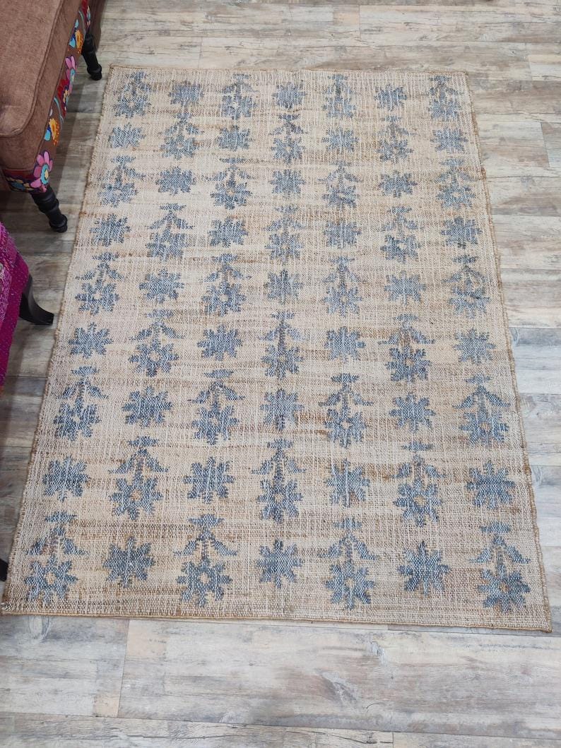 Floral Pattern Rug, Cotton Jute Rug, Earthy Tone Rug, Natural Jute Rug ...