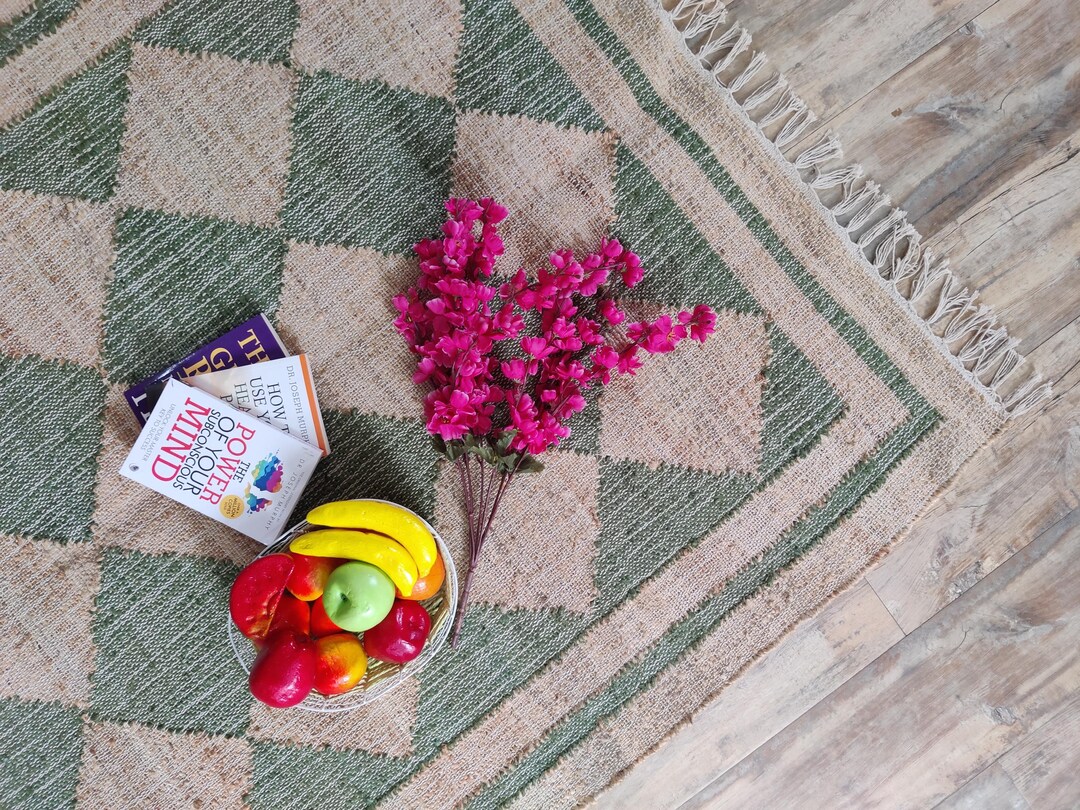 8x10 Natural Jute Rug, Diamond Pattern Rug, Cotton Jute Rug, Bohemian ...