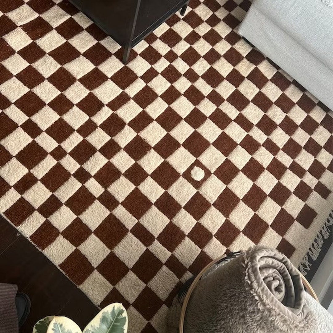 Irregular Checkerboard Hand Knotted Wool Rug, Handmade Brown Checkered ...