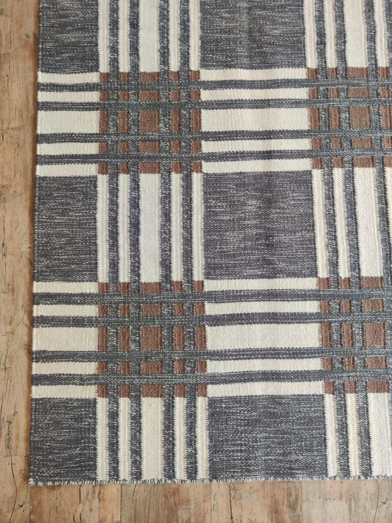 Modern Checkered Wool Rug, Plaid Wool Rug, Handwoven Area Rug, Neutral ...