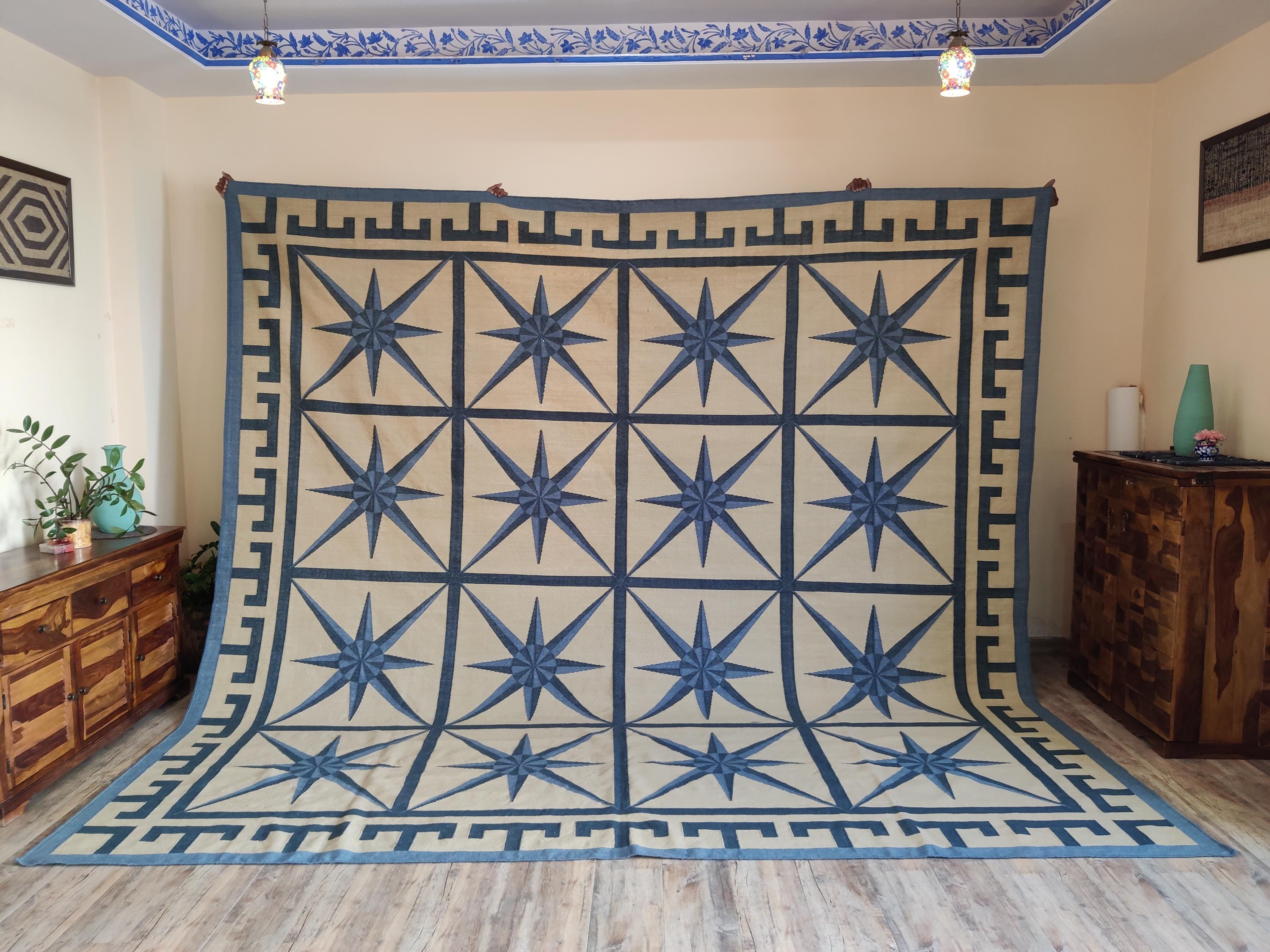 Handwoven Wool Modern Flatweave Rug, Blue Star Design Rug, Wool Modern ...